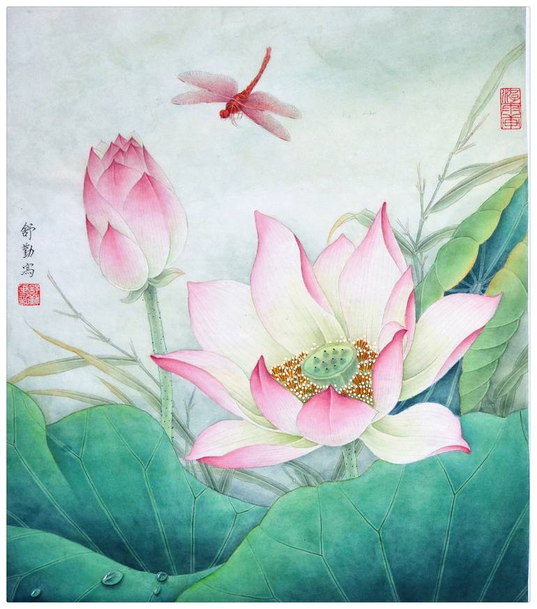 Original Chinese Gongbi Painting by Qin Shu (舒勤) L-01 Lotus flower with ...