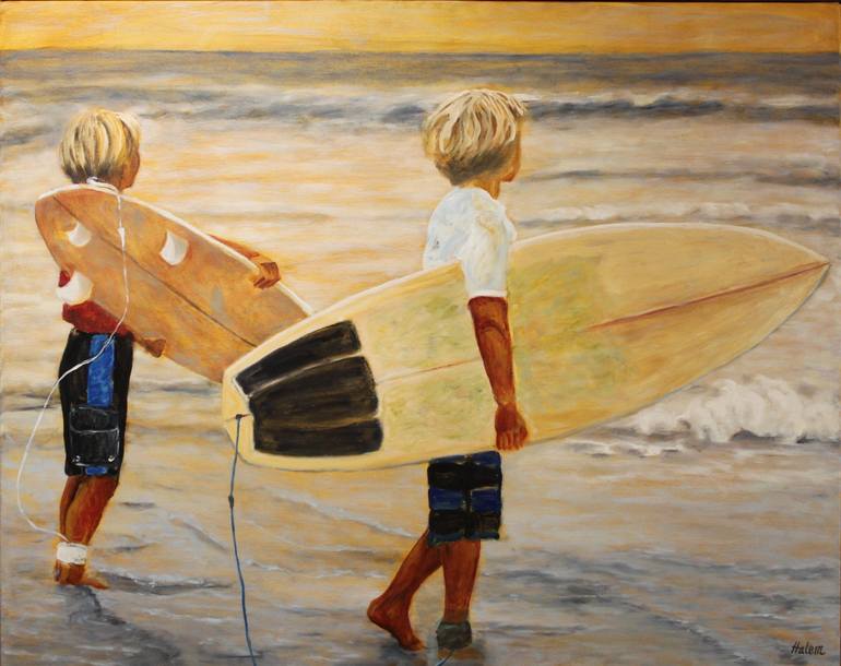 Two Young Surfers Painting by Mike Halem | Saatchi Art