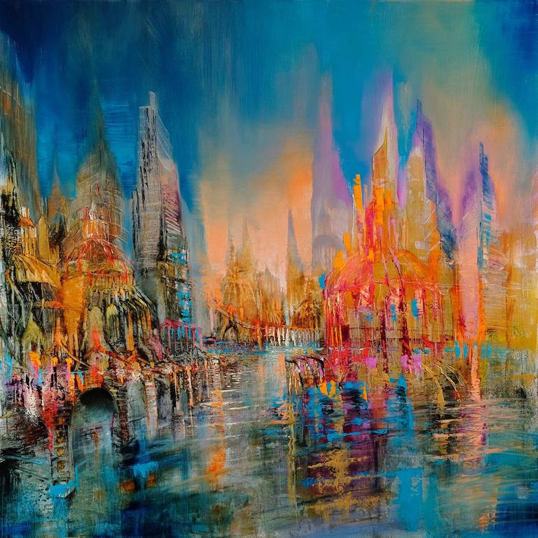 The city by the river side Painting by Annette Schmucker | Saatchi Art