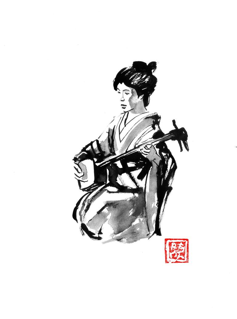 gesiha shamisen Drawing by Pechane Sumie | Saatchi Art