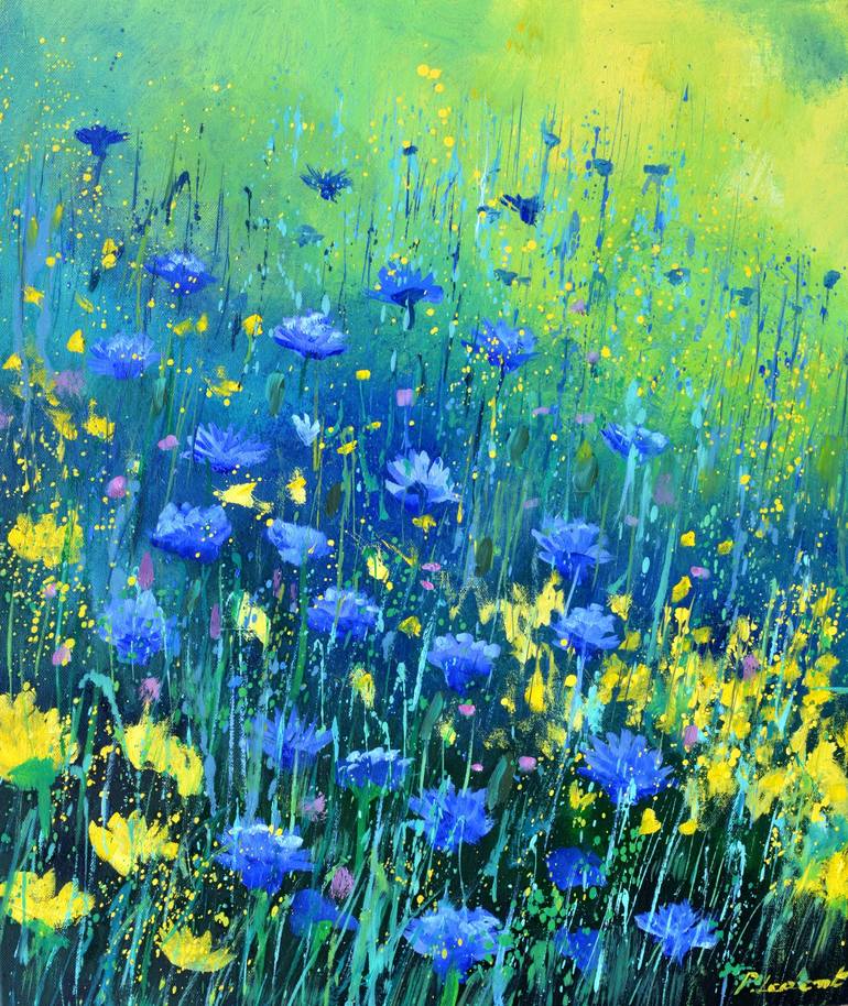 Blue and yellow Wild flowers - 5624 Painting by Pol Ledent | Saatchi Art