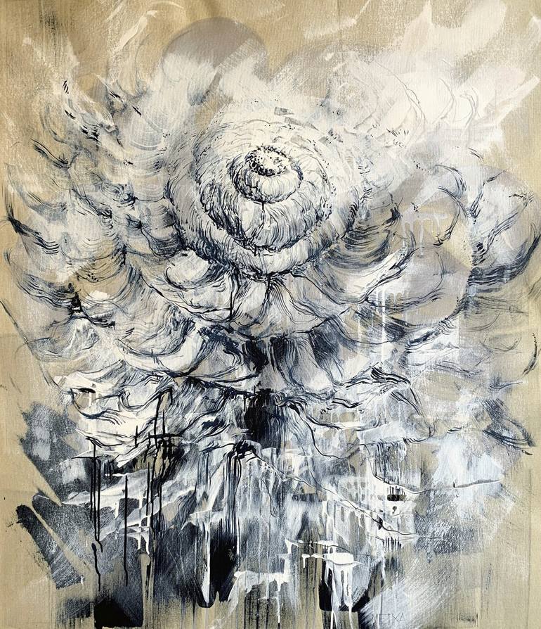 Big Blue Flower - large floral painting on canvas Painting by Netka ...