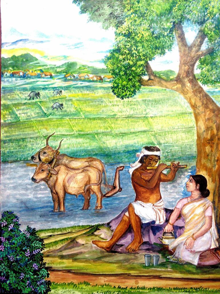 A village Landcape in Assam Painting by Manju Rajak | Saatchi Art