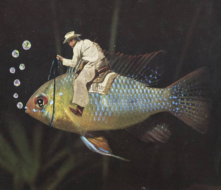 Fish rider original collage Mixed Media by Maya Land | Saatchi Art